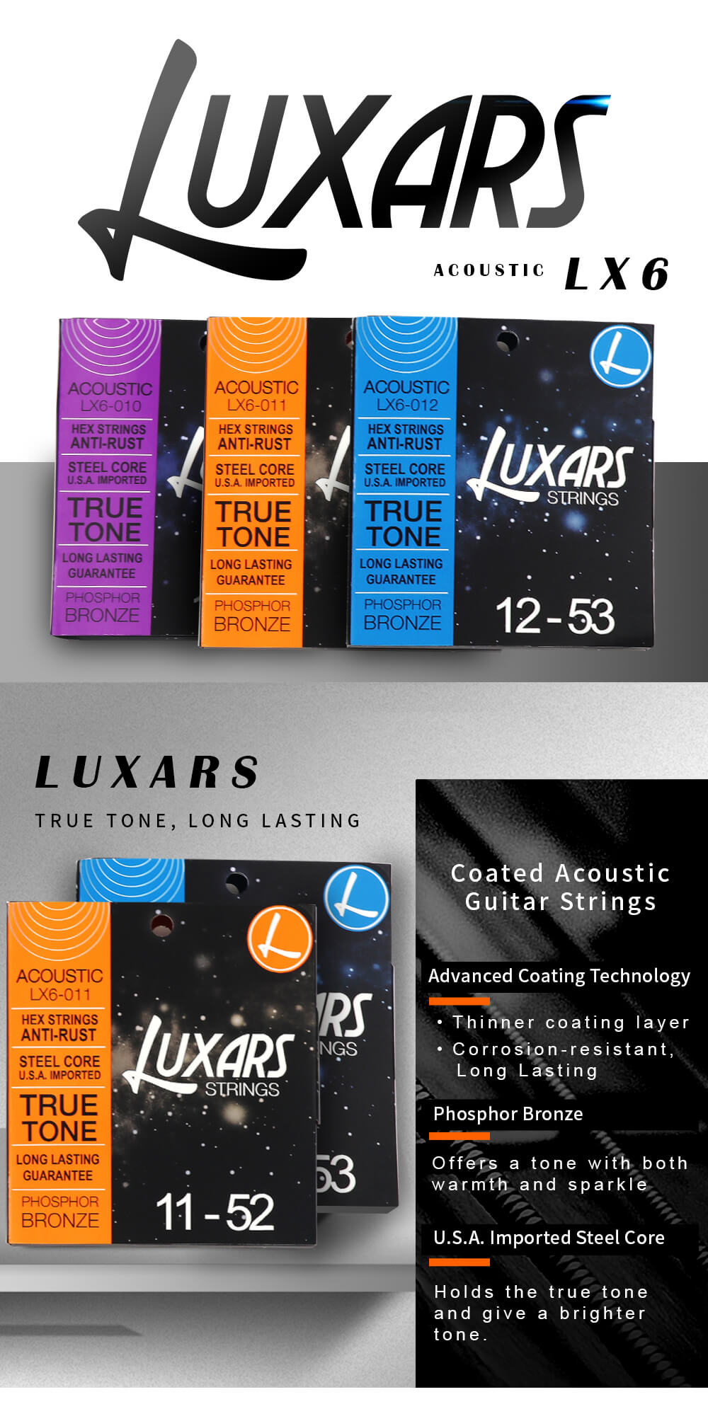 מיתרים לגיטרה אקוסטית - LUXARS - LX6 - 0.12 | סט מיתרים לגיטרה